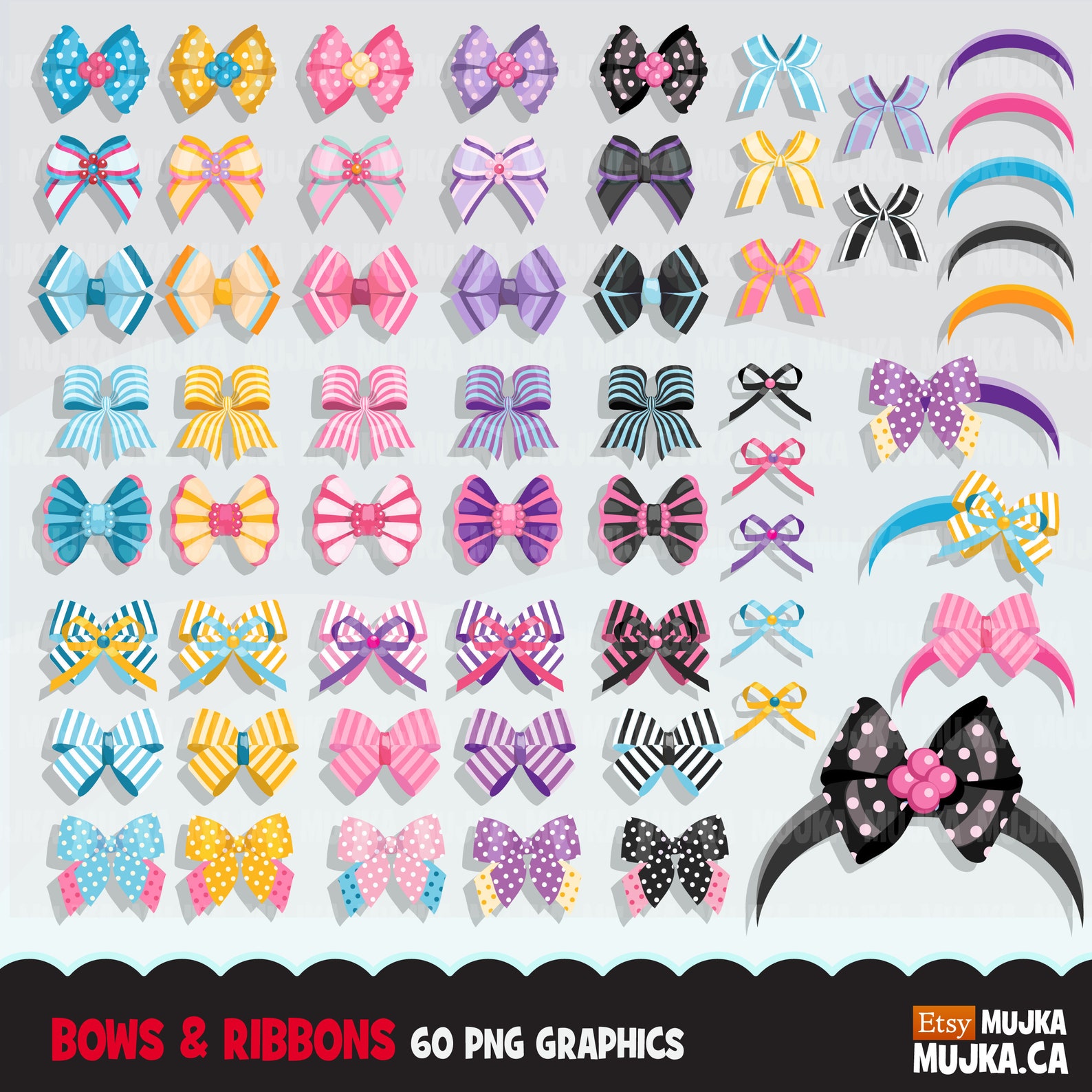 Hair Bows and Ribbons Clipart. Hair Tie, Polka Dots, Ribbon Graphics ...