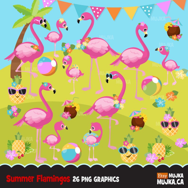 Flamingo & Pineapple Clipart, Cute Summer Backyard Beach Graphics ...