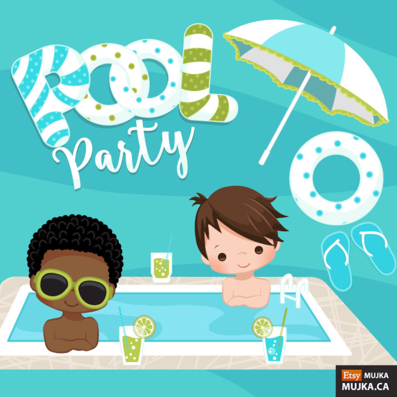 Pool Party Clipart for Boys. Little Boys With Pool Party Banner, Flip ...
