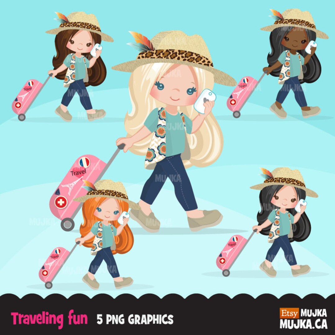 Traveling Little Girl Clipart, Chic Characters, Black, Card Making ...