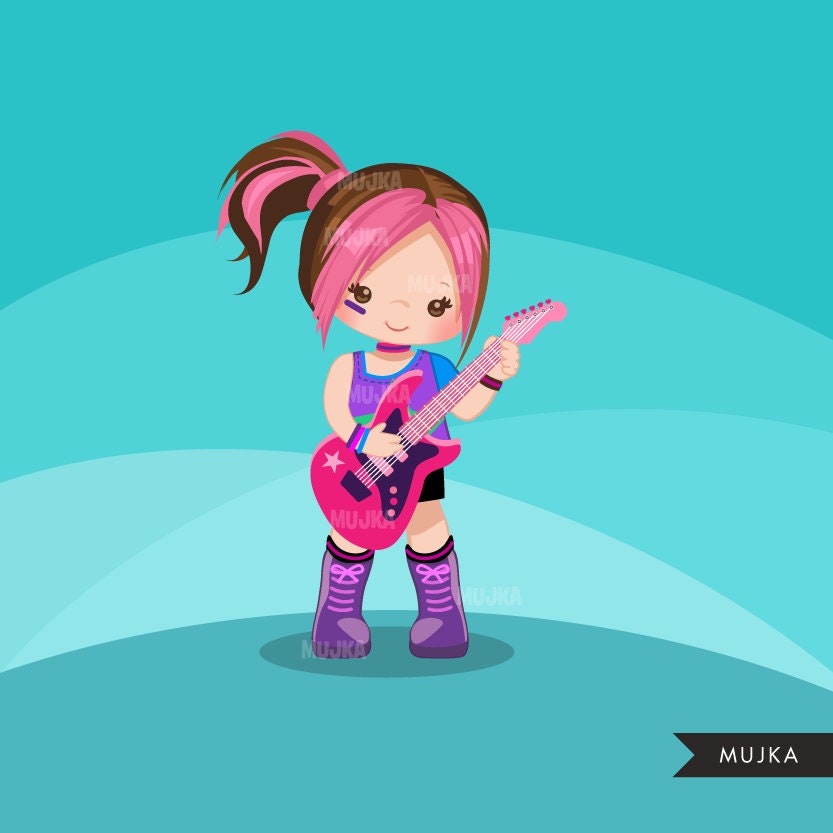 Rockstar Girls Clipart Guitarist Black Card Making Rock - Etsy