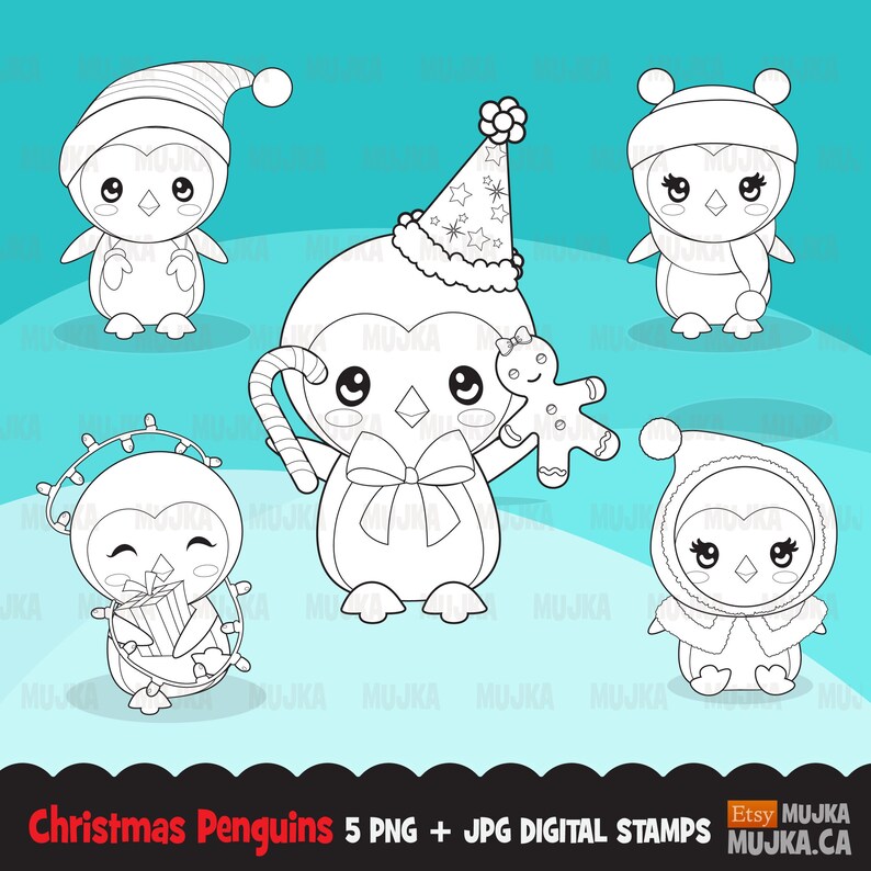 Christmas Penguins Digital Stamp. Cute Baby Penguins in - Etsy