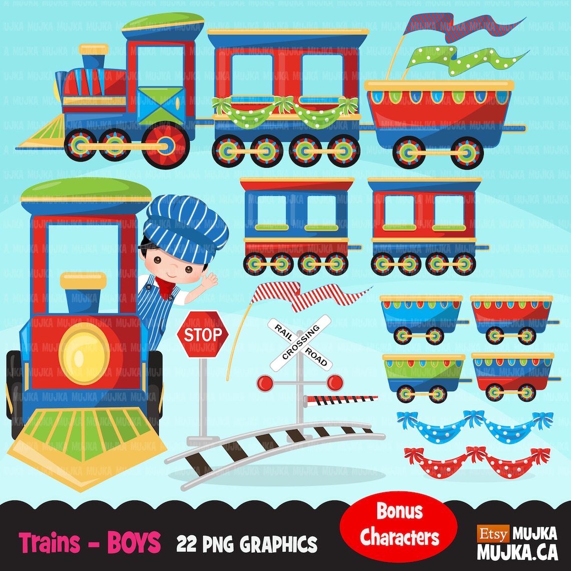 Train Clipart, Boys Train Graphics. Cute Colorful Train Carts ...