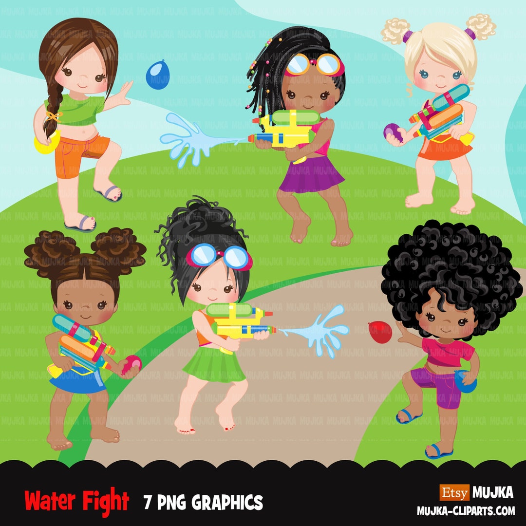 Water Gun Fight Clipart, Girls, Black Girls Outdoors Water Balloon ...
