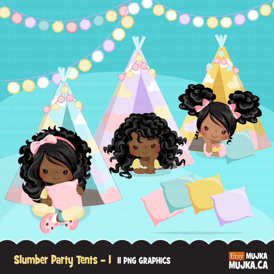 Slumber Party Clipart, Sleepover Tents, Movie Night, Pajama Party, Card ...