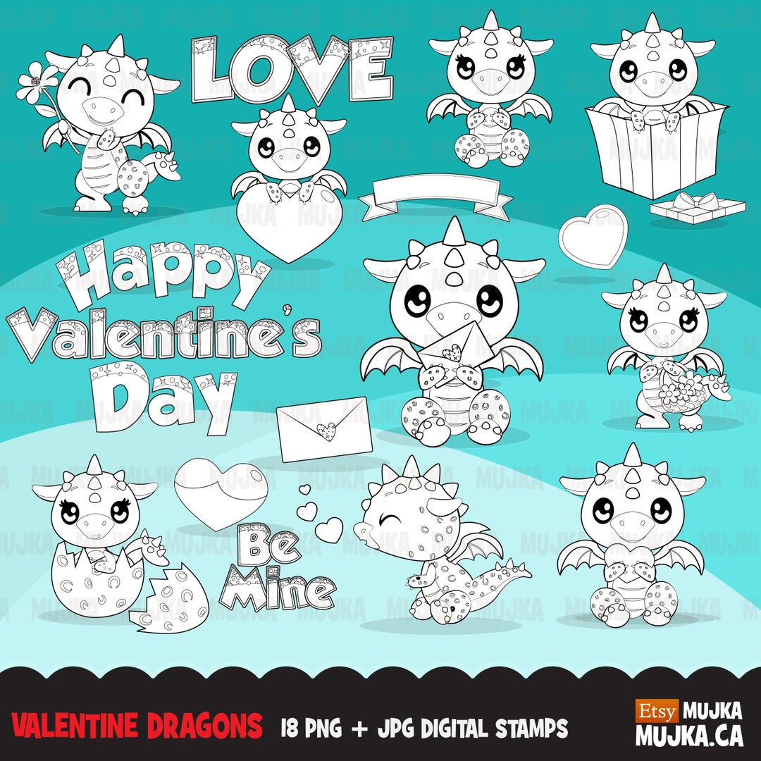 Valentine Dragons Digital Stamps. Cute Baby Dragons, Animals Valentine ...