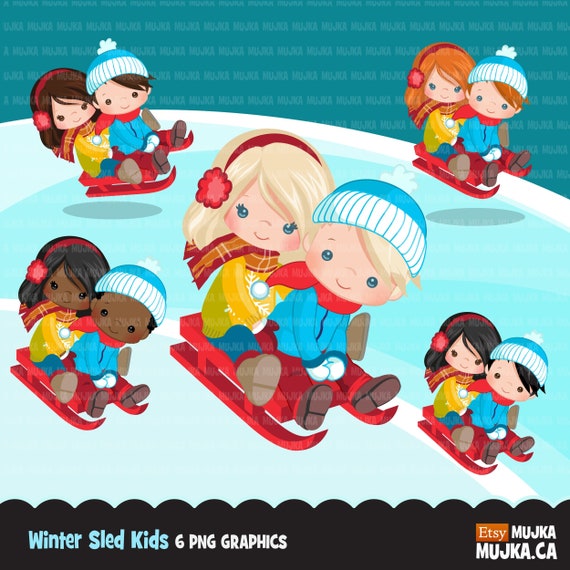 Winter sled snow kids clipart, kids sledding, tobogganing, winter ...