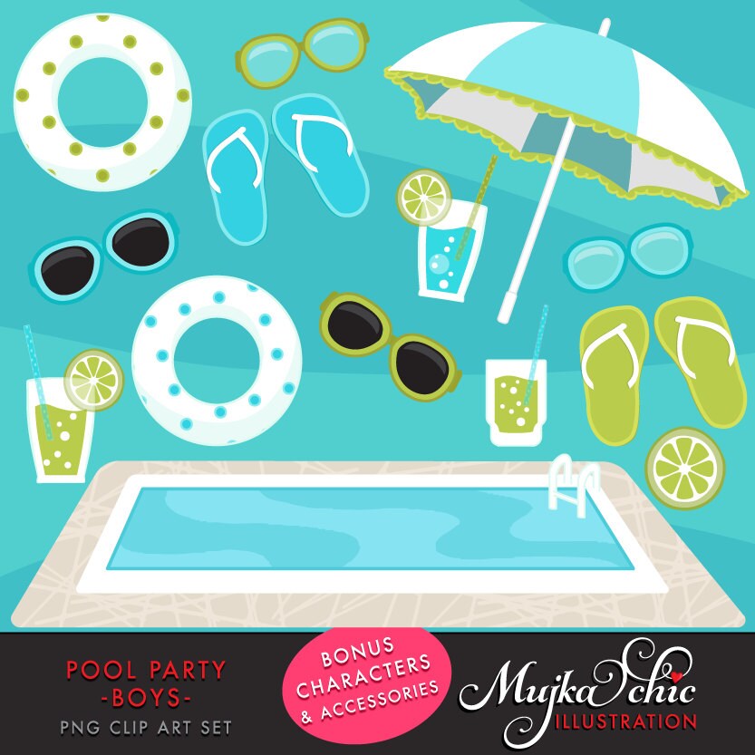 Pool Party Clipart for Boys. Little Boys With Pool Party Banner, Flip ...