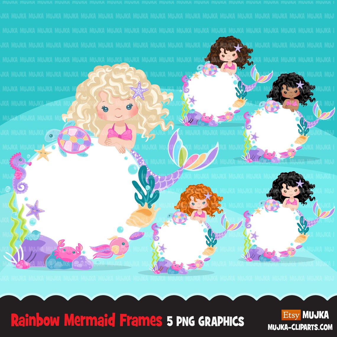 Mermaid Clipart, Frame, Rainbow Mermaid Graphics, Mermaid Princess ...