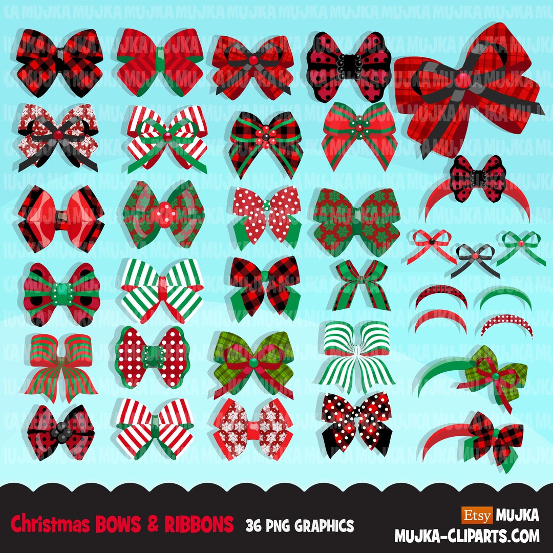 Christmas Hair Bows and Ribbons Clipart. Hair Tie, Polka Dots, Plaid ...