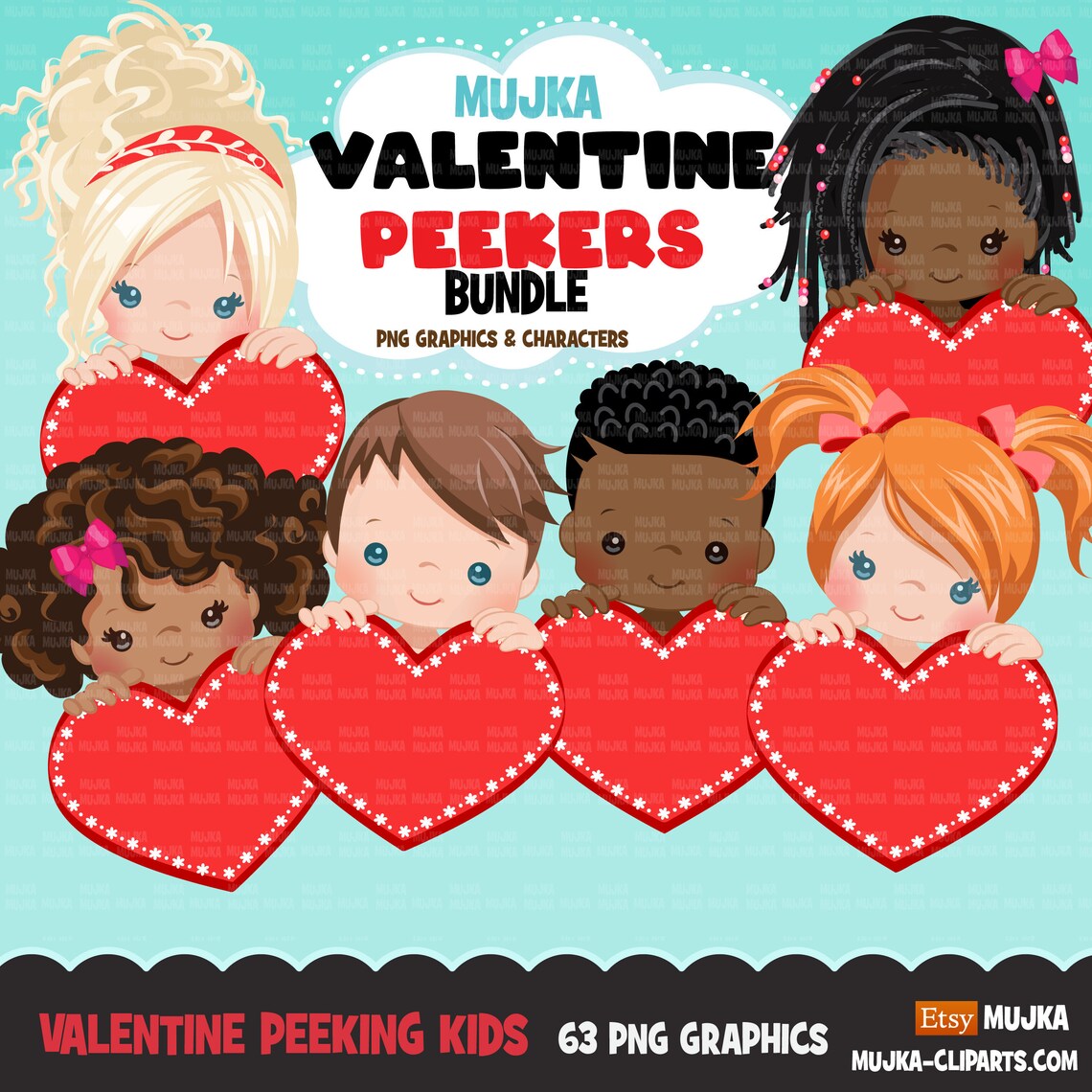 Valentine Clipart Peeking Kids BUNDLE Valentine's Day - Etsy