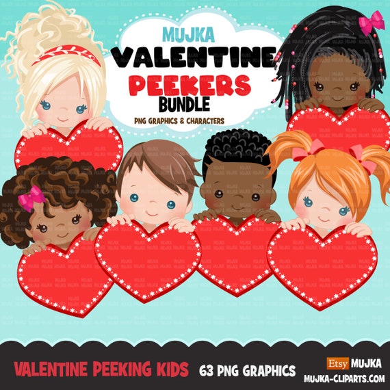 Valentine Clipart, peeking kids BUNDLE, Valentine's Day kids, best ...
