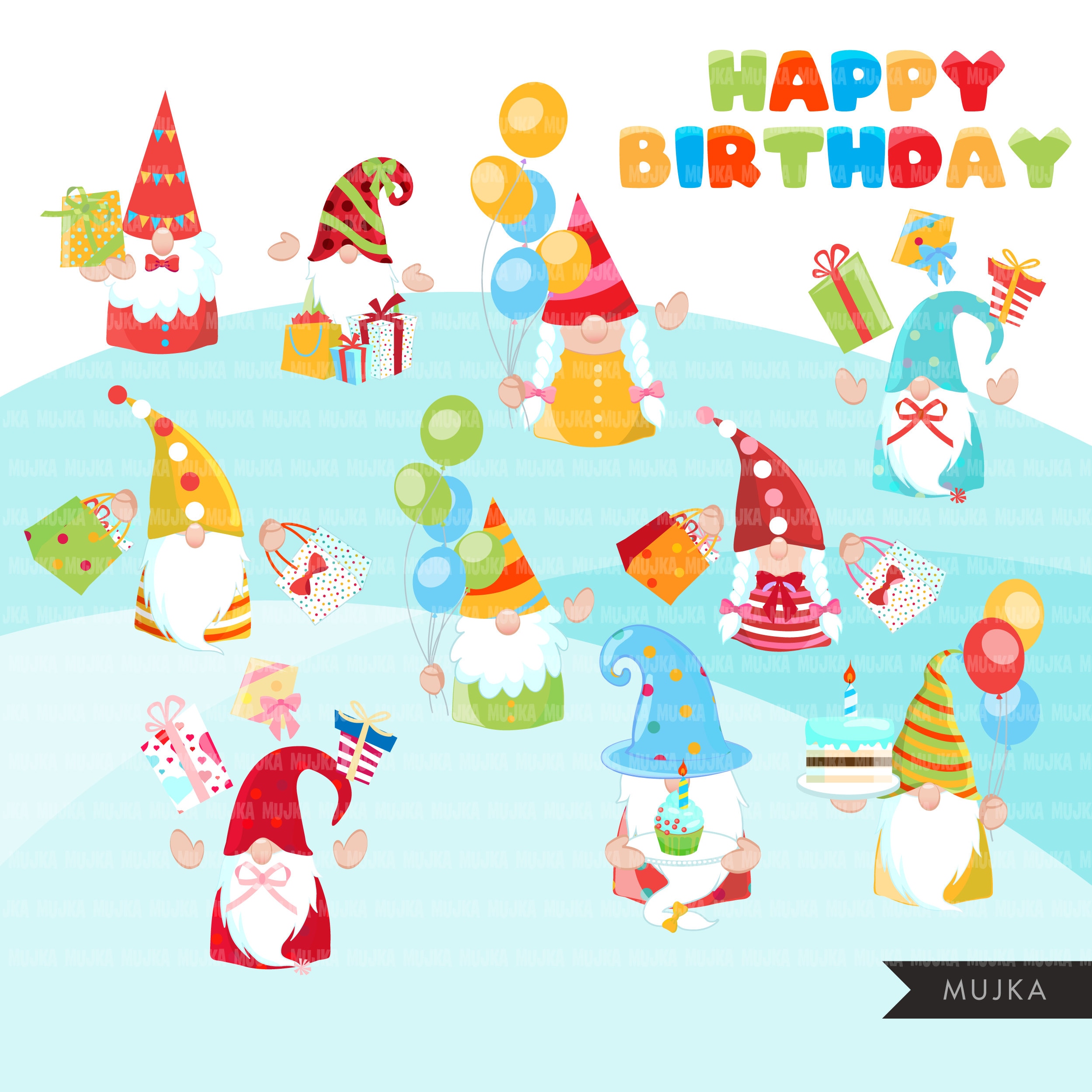 Birthday gnomes Clipart birthday graphics colorful party | Etsy