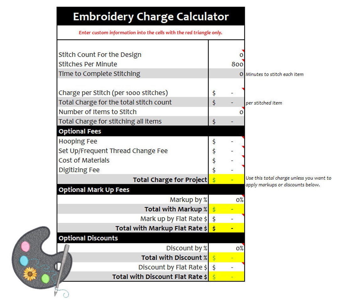 Easy Embroidery Charge Calculator - Palette With NEEDLE and THREAD - Etsy