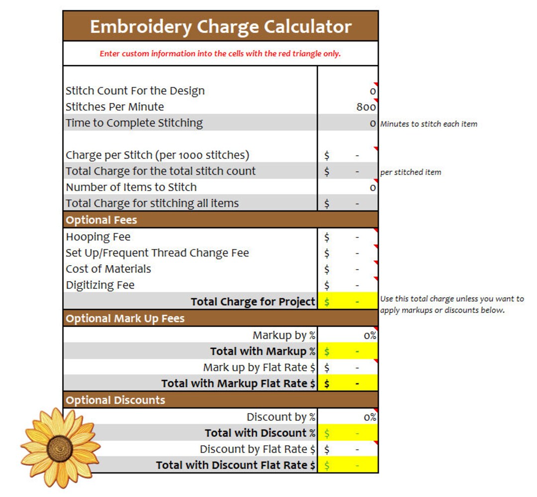 Easy Embroidery Charge Calculator - SUNFLOWER - Etsy