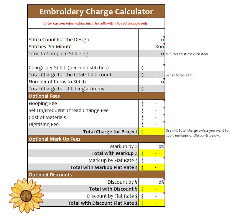 Easy Embroidery Charge Calculator - SUNFLOWER - Etsy