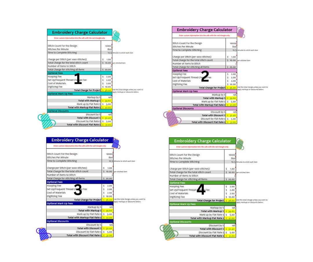 Easy Embroidery Charge Calculator - Different Color Options (4) - Etsy
