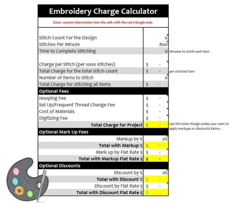 Easy Embroidery Charge Calculator - Palette With NEEDLE and THREAD - Etsy