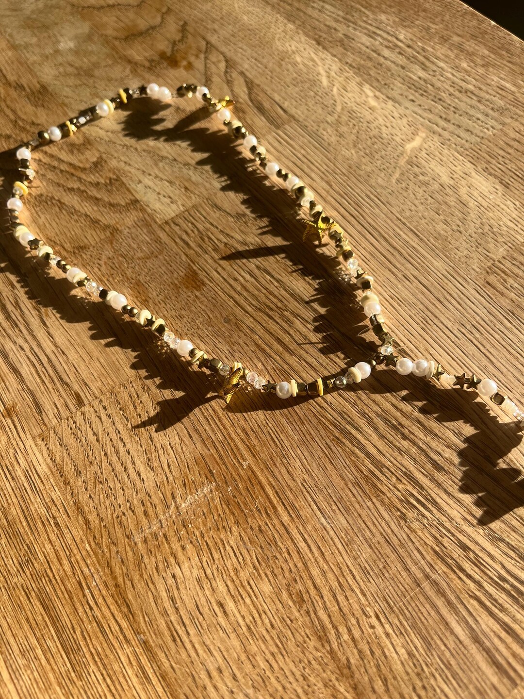 White and Gold Beaded Stretchy Necklace. A Handmade Accessory Perfect ...