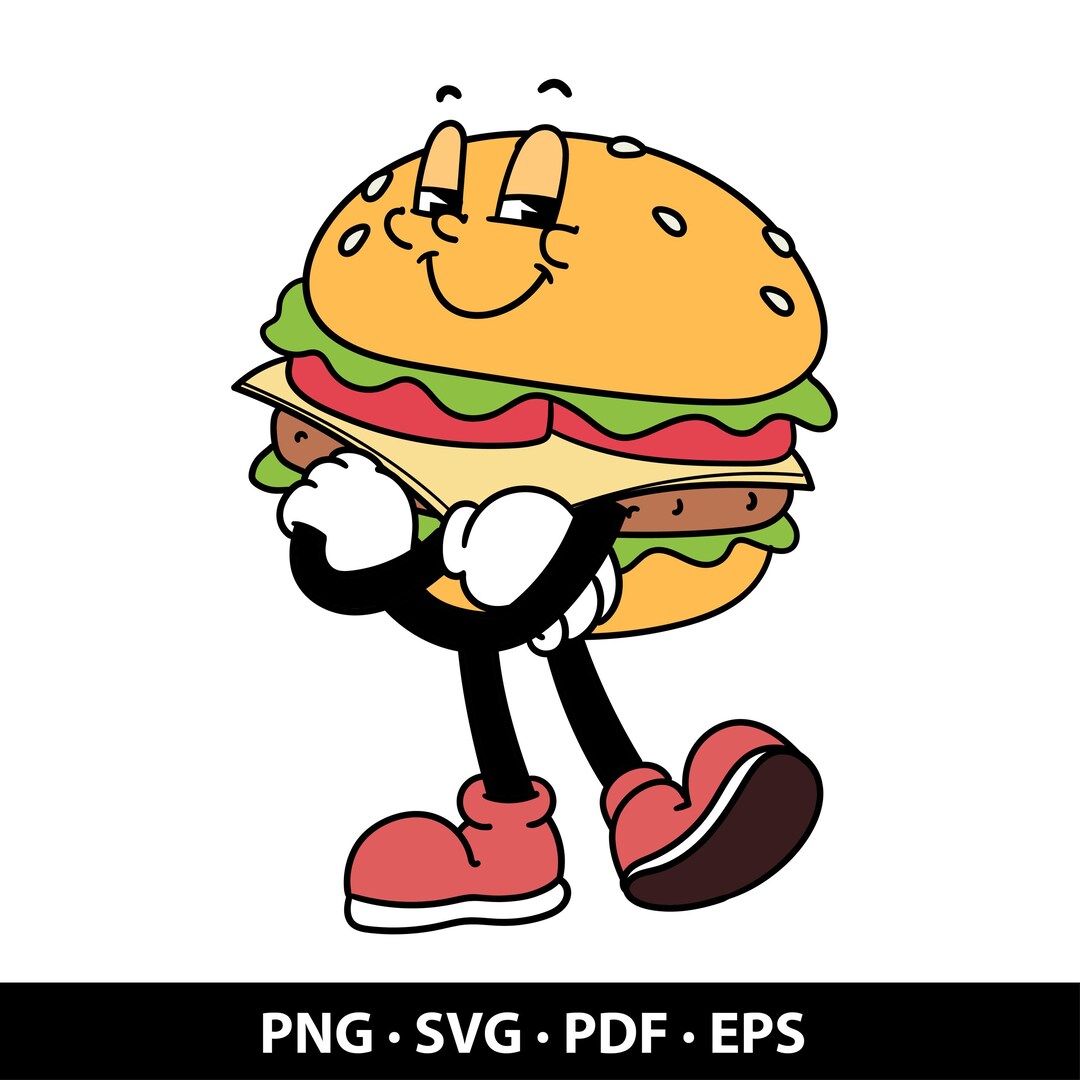 Retro Burger Cartoon Mascot PNG | SVG – Cute Cheeseburger Character ...