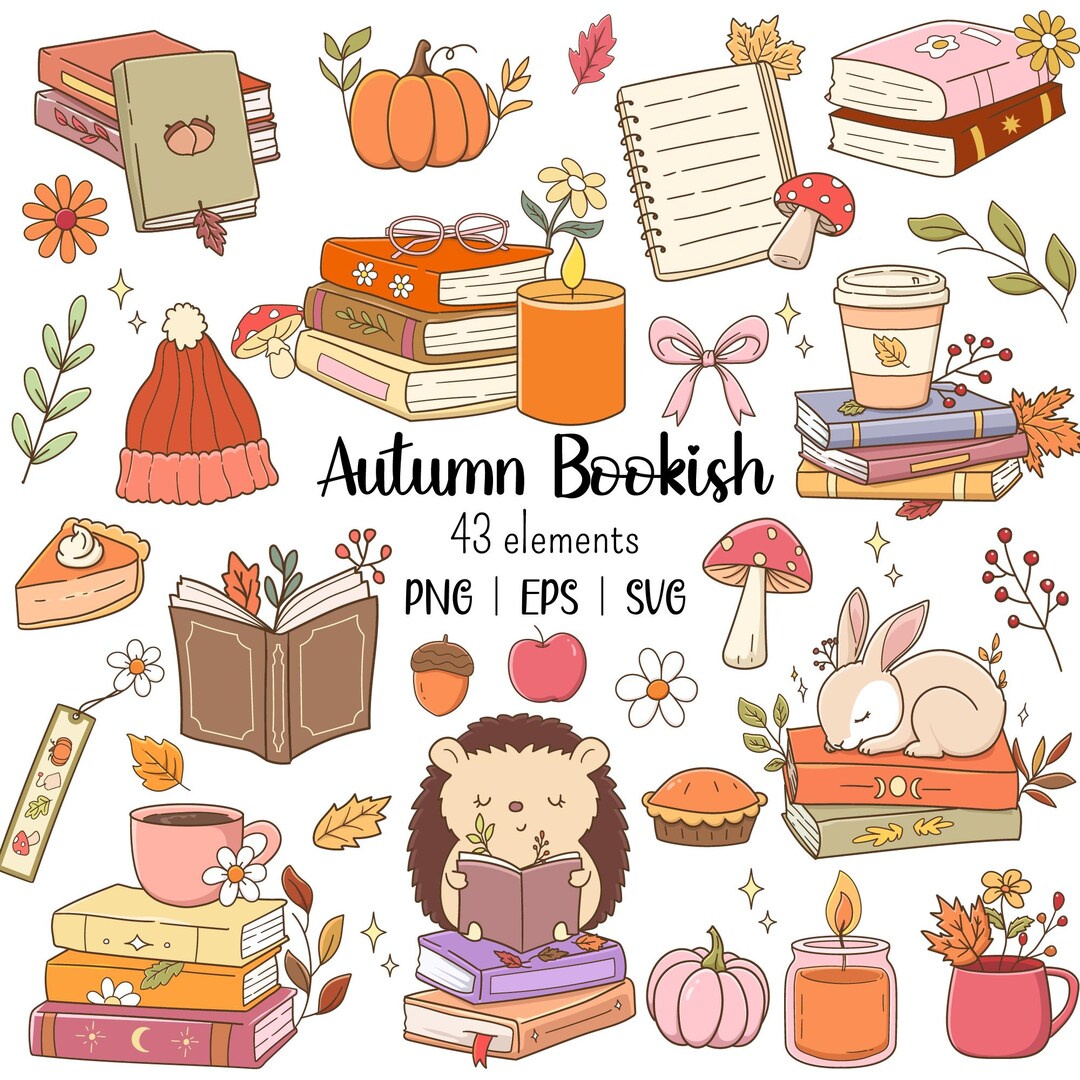 Autumn Bookish Clipart Set: Cozy Fall Kawaii Graphics (PNG, SVG, EPS ...
