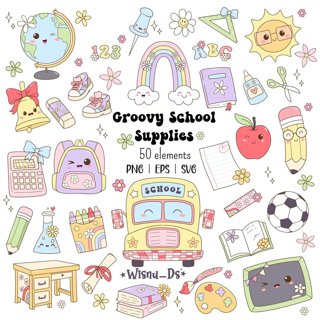 Kawaii School Supplies Clipart Bundle: Groovy Pastel Graphics (PNG, SVG ...