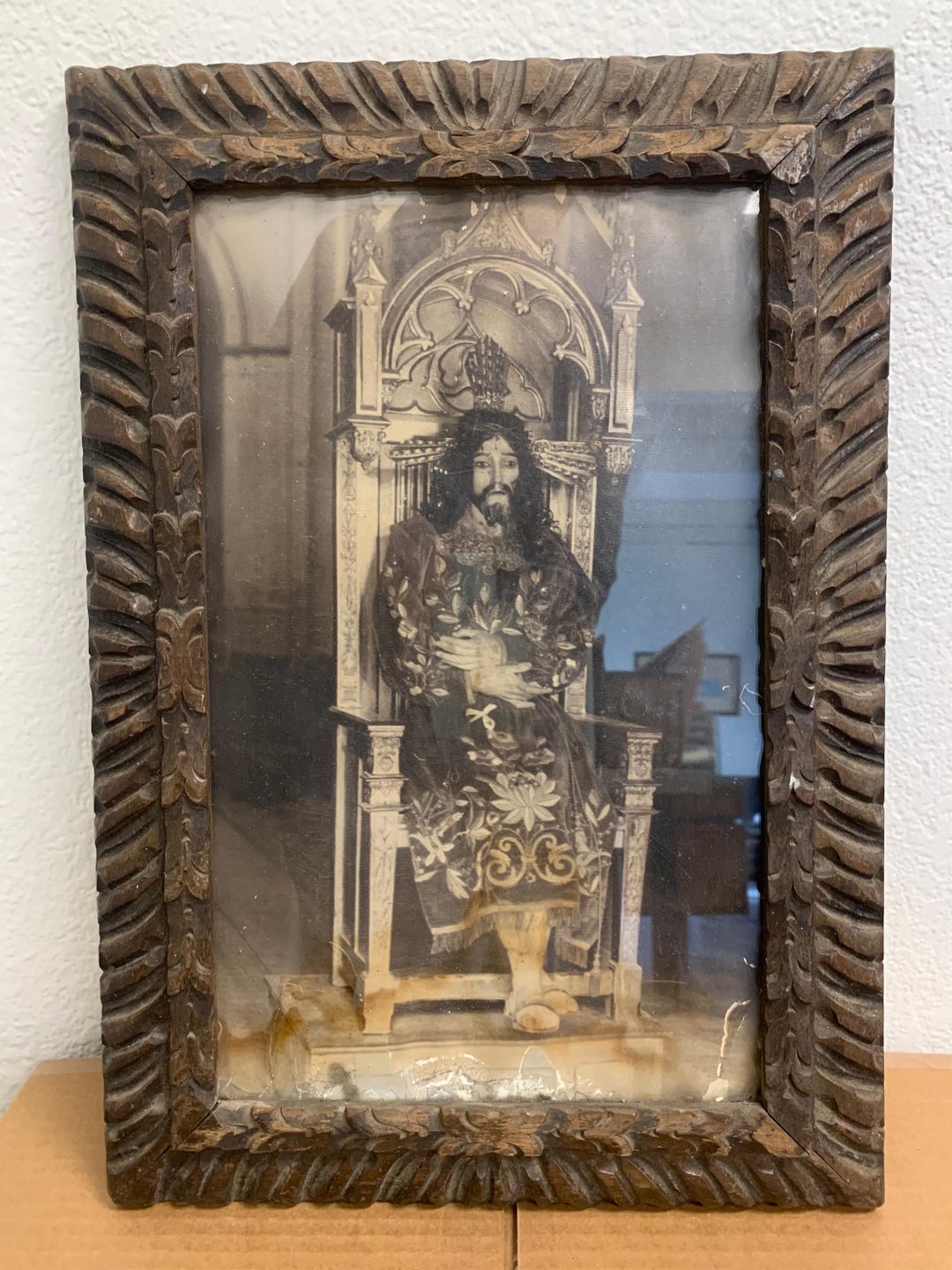 Antique Photo of Christ in Chains Statue With Intricately Carved Wooden ...