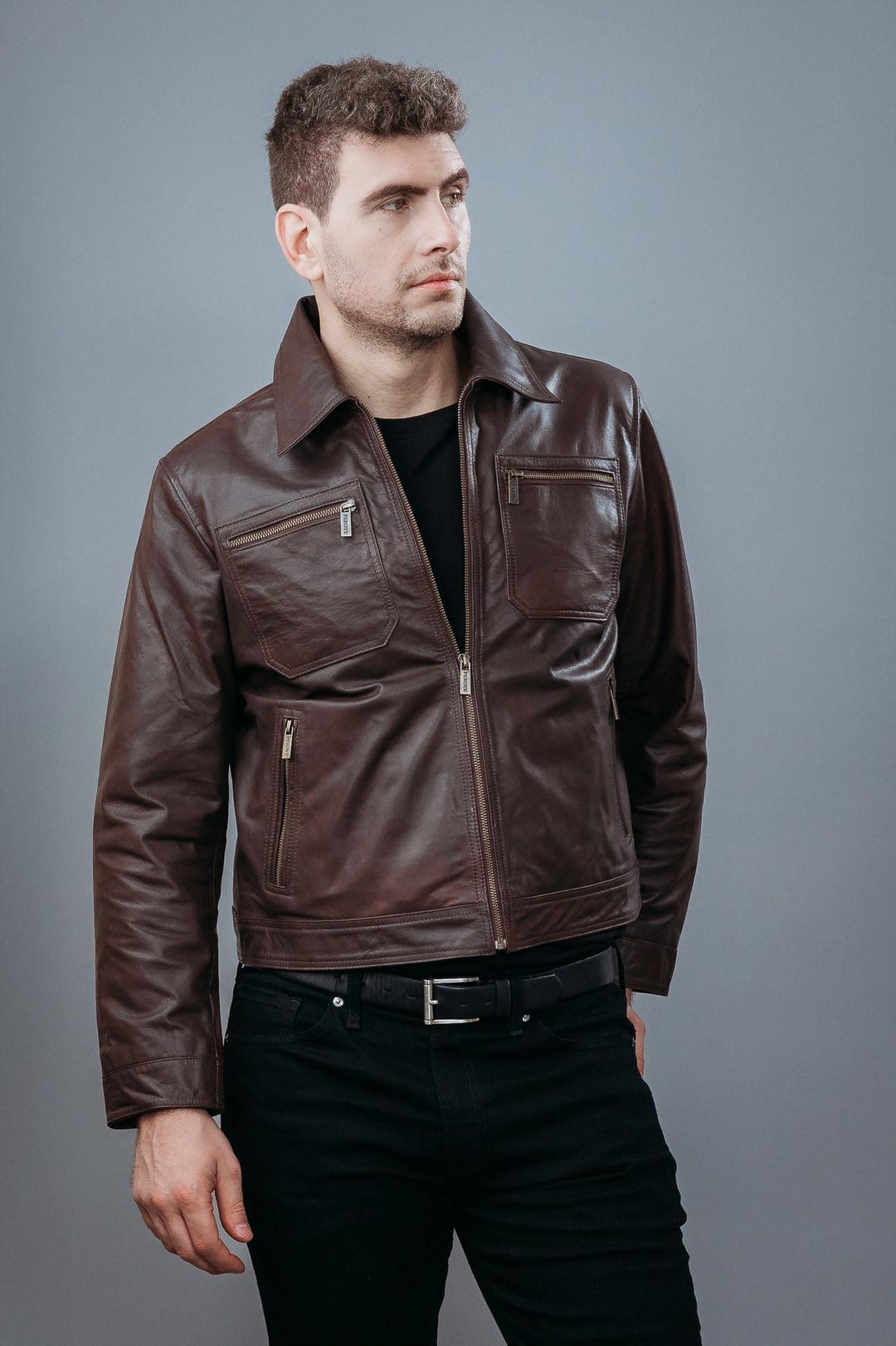WACUDE Mens Real Buffalo Top Grain Leather Brown Moto Jacket Premium ...