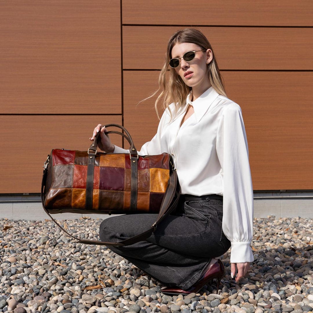 Handcrafted Cowhide Leather Duffle Bag: Checkered Travel Gym Bag - Etsy