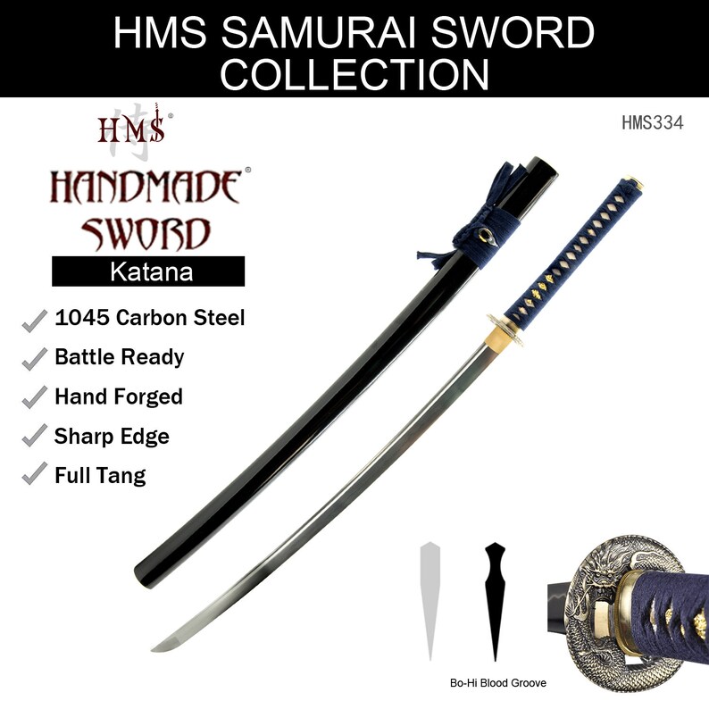 Handmade Samurai Katana: 1045 Carbon Steel, Dragon Tsuba - Etsy