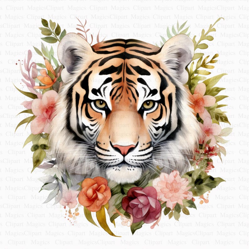 Floral Tigers Clipart 5 High Quality Jpgs Digitaldownload Nursery Art ...