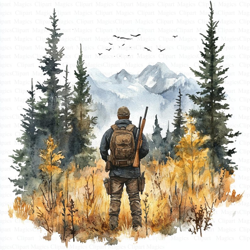Hunter in Forest Watercolor Clipart | Hunting Scene (digital Download ...