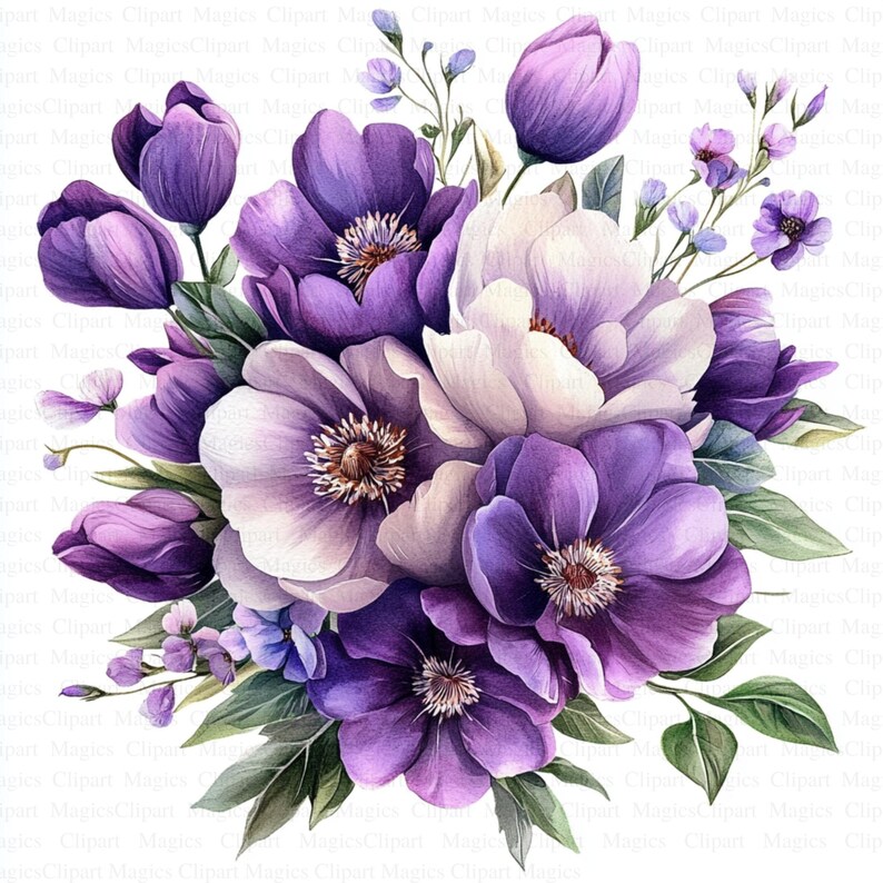 Purple Flowers Bouquet Clipart 5 High Quality Jpgs Digital Download Art ...