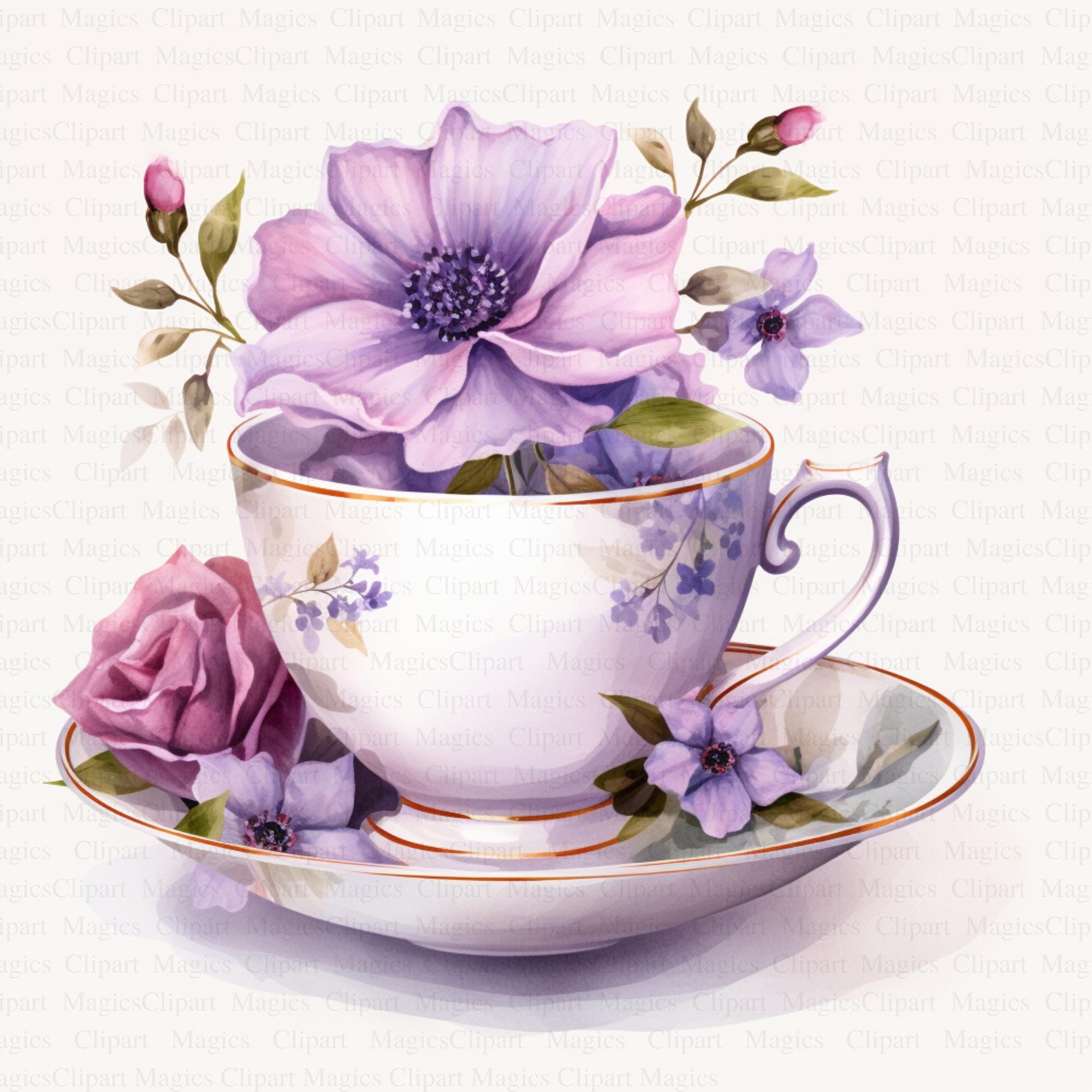 Floral Tea Cup Clipart 5 High Quality Jpgs Digitaldownload Floral Tea ...