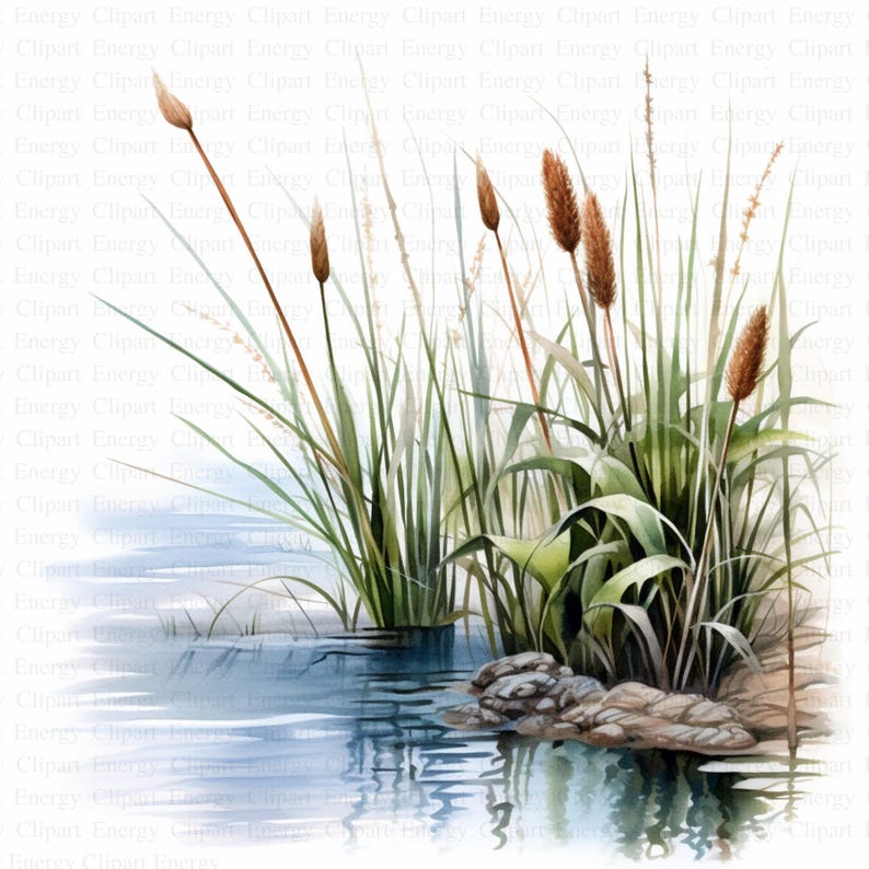 Cattails and Reeds in Water Pond Clipart | 5 High Quality Jpgs ...