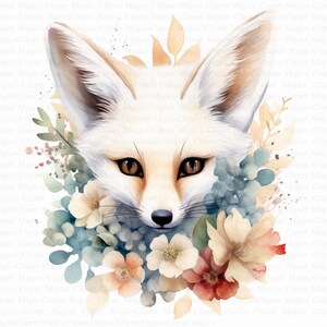 Fennec Fox Floral Watercolor Clipart | Printable Art (digital Download ...