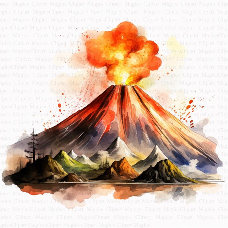 Watercolor Volcano Clipart 5 High Quality Jpgs Digital Download Card ...