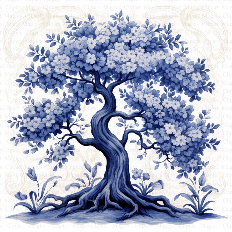 Blue Delft Trees Clipart 5 High Quality Jpgs Digital Download Vintage Illustration Tree Clipart ...