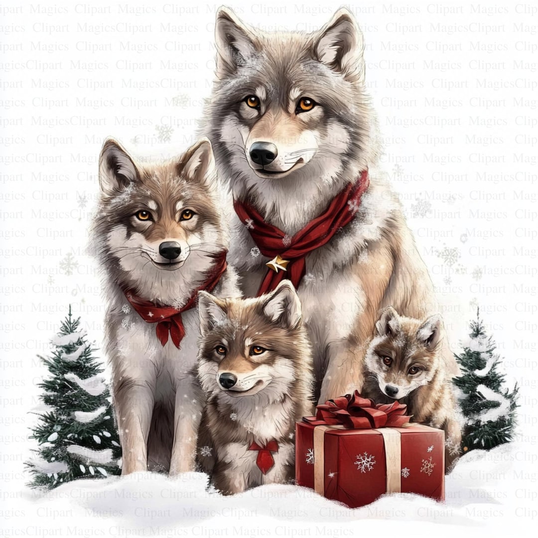Christmas Wolf Family Watercolor Clipart | Holiday Art (digital ...