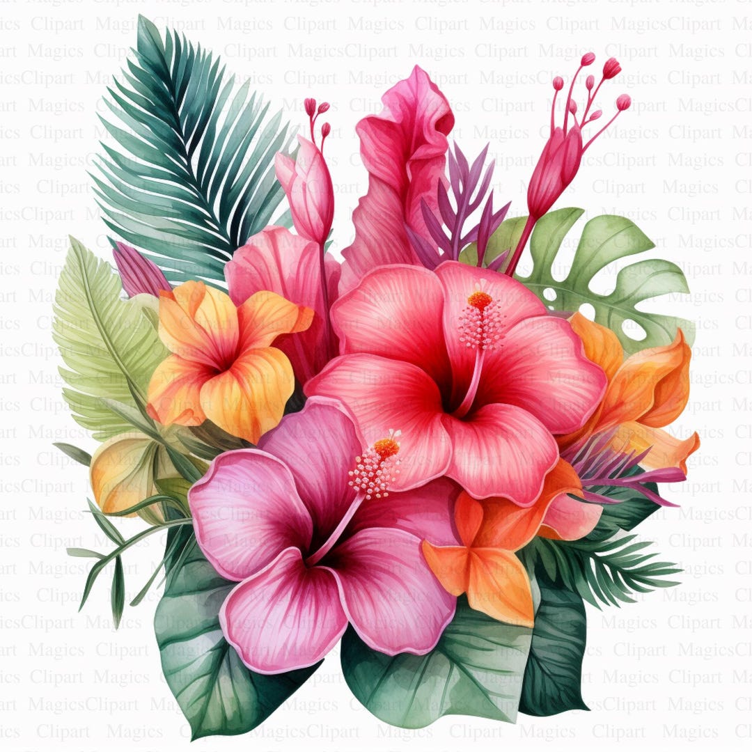 Tropical Flowers Clipart 5 High Quality Jpgs Digital Download Card ...