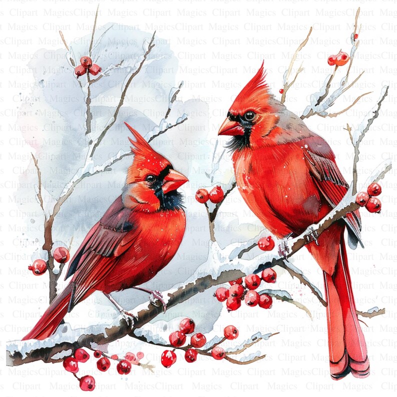 Winter Red Cardinals Clipart 5 High Quality Jpgs Digital Download Card ...