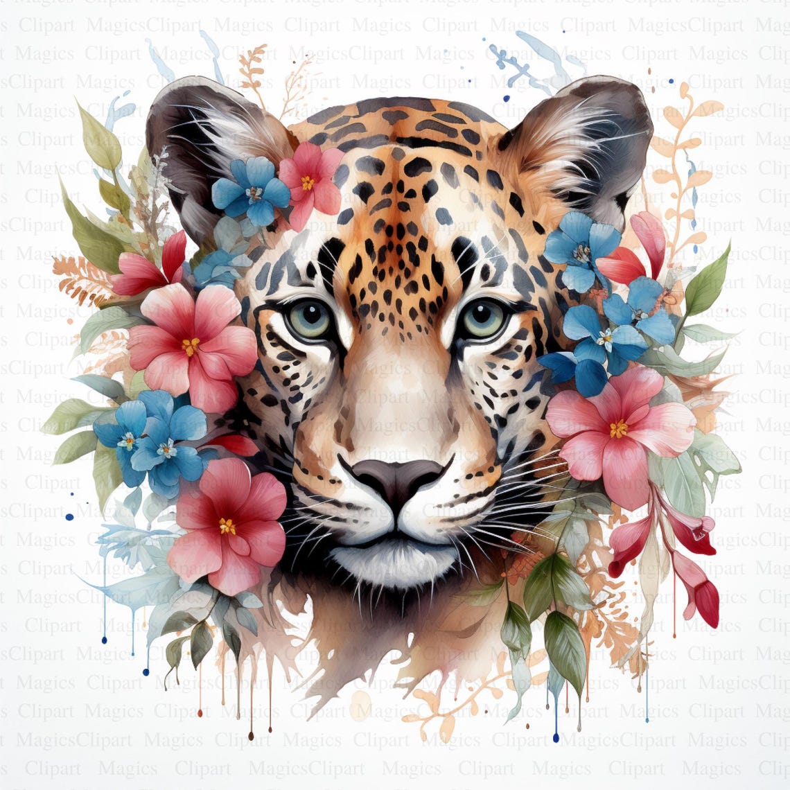 Watercolor Floral Leopards Clipart | 5 High Quality Jpgs | Digital ...