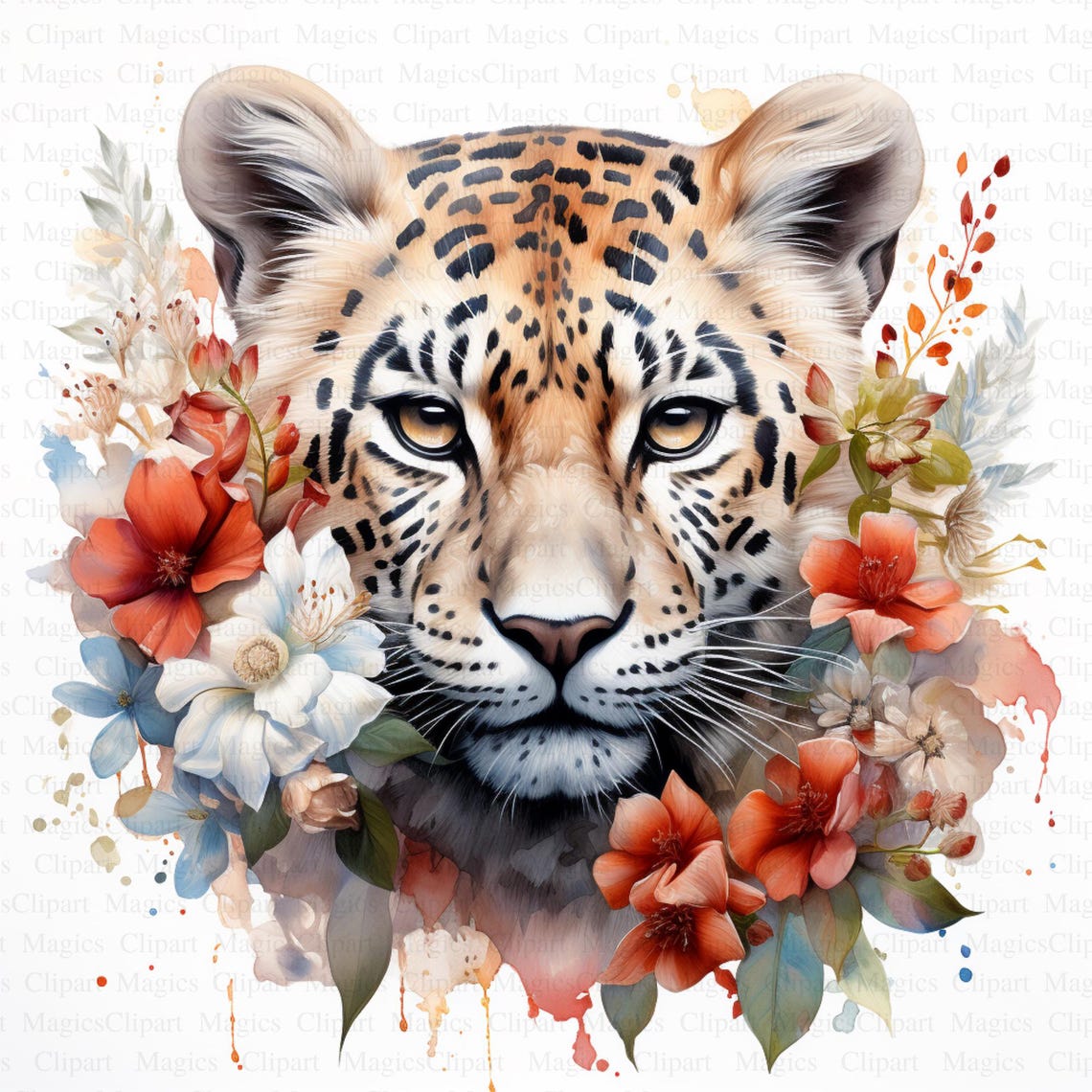 Watercolor Floral Leopards Clipart | 5 High Quality Jpgs | Digital ...