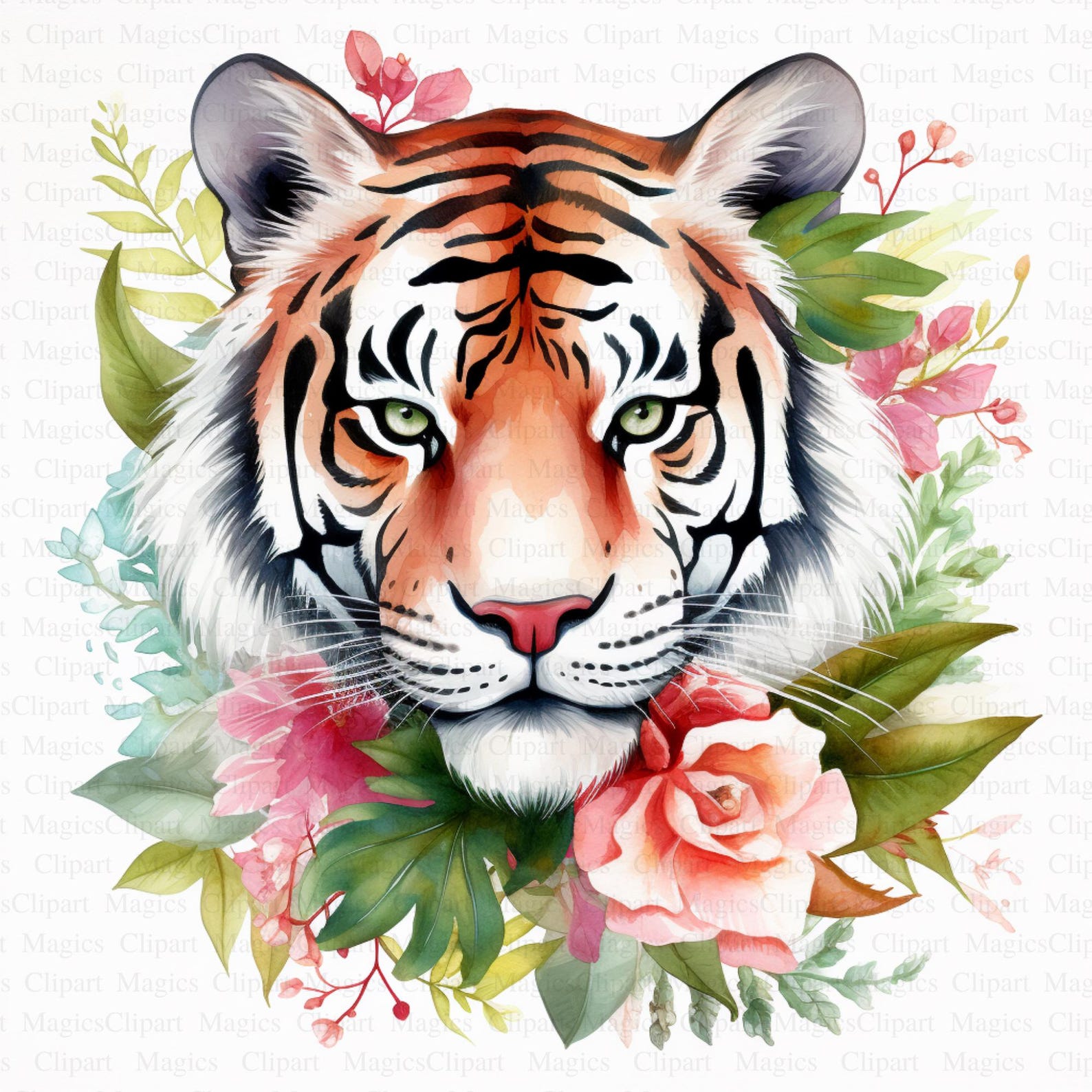 Floral Tigers Clipart 5 High Quality Jpgs Digitaldownload Nursery Art ...