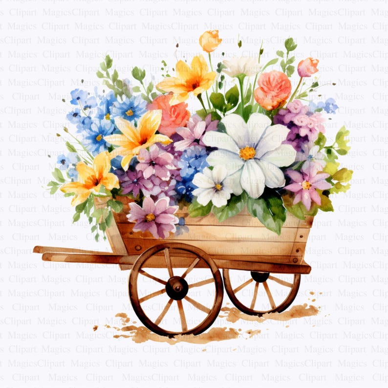 Wheelbarrow With Flowers Clipart 5 High Quality Jpgs Digital Download ...