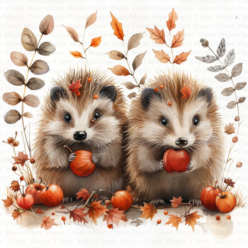 Hedgehogs in Autumn Leaves Clipart 5 High Quality Jpgs Digital Download ...