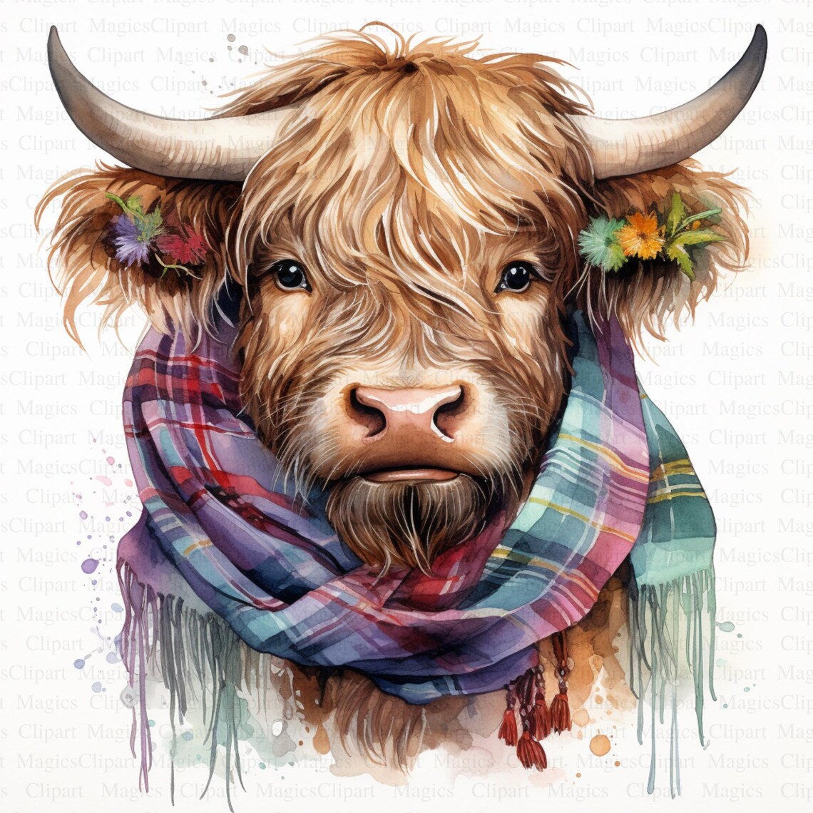 Highland Cow & Scarf Clipart 5 High Quality Jpgs Digitaldownload Animal ...