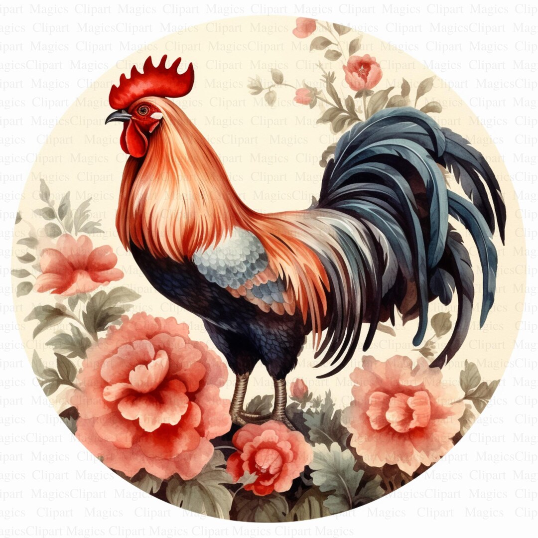 Floral Rooster Clipart 5 High Quality Jpgs Digital Download Vintage ...