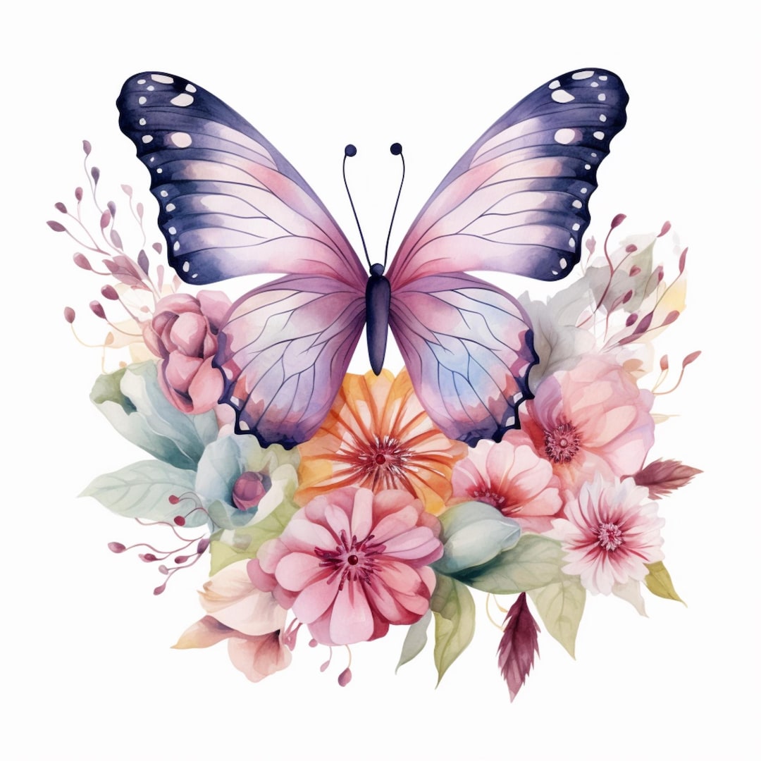 Lovely Butterfly With Flowers Clipart Bundle 5 High Quality Jpgs ...
