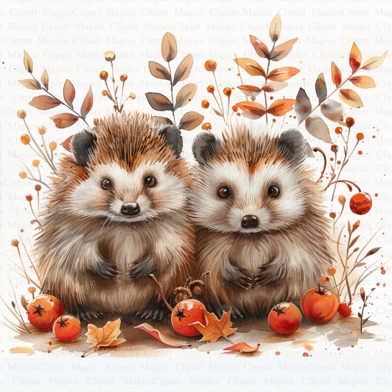 Hedgehogs in Autumn Leaves Clipart 5 High Quality Jpgs Digital Download ...